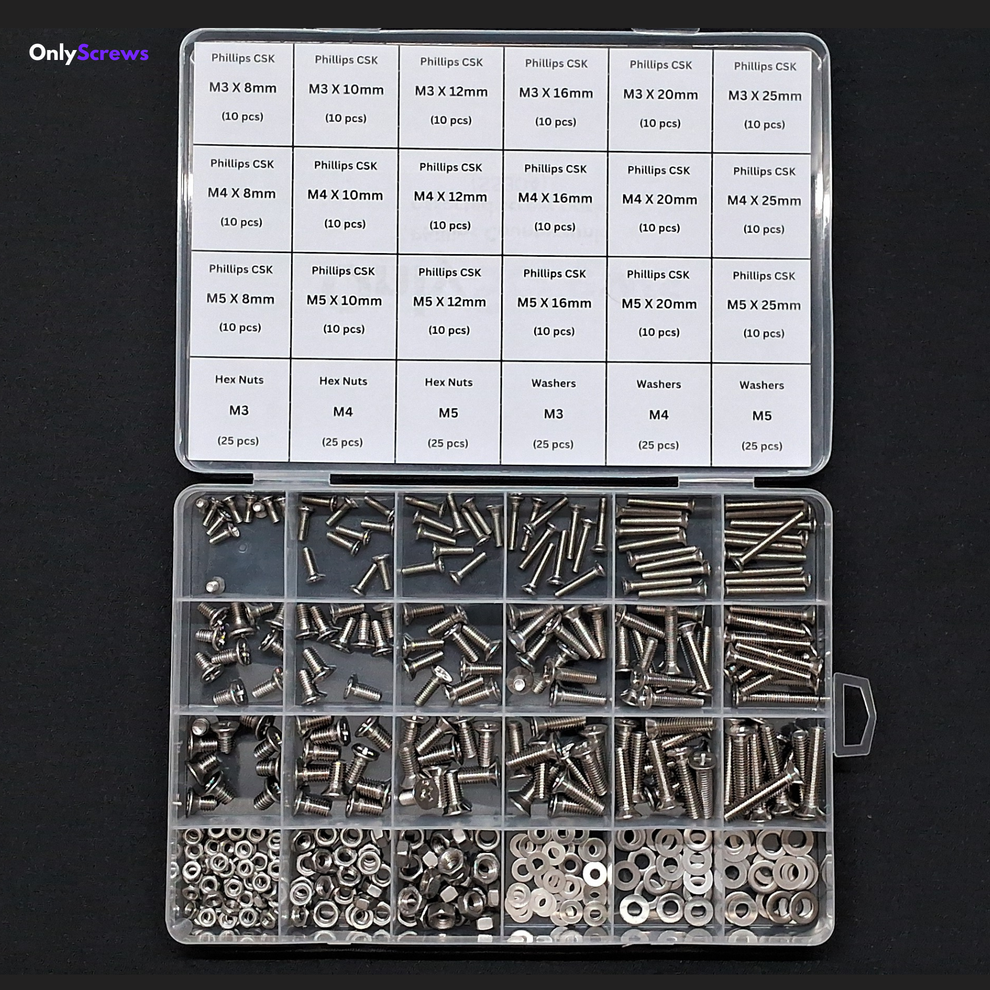 Phillips CSK Assorted Screw Pack M3, M4 & M5 (SS304) – OnlyScrews