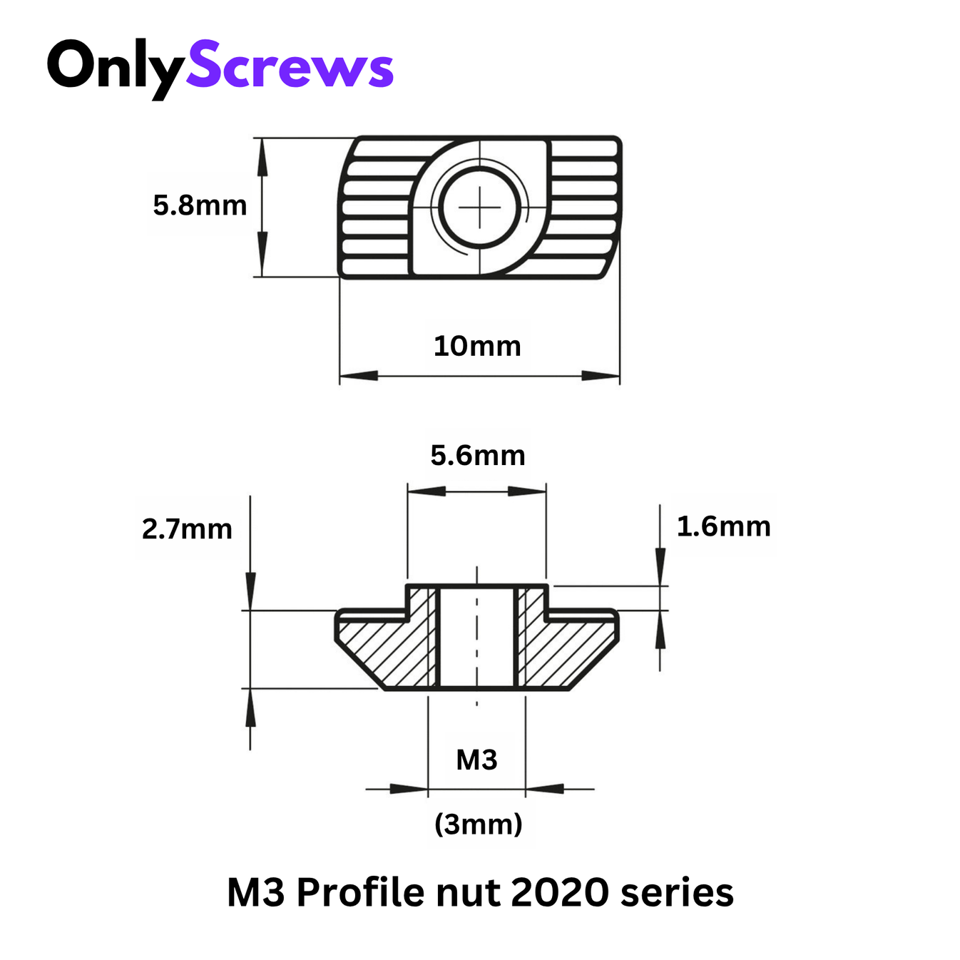 M3 Profile Nuts Mild Steel with Nickel plating for 2020 series (T Nut ...
