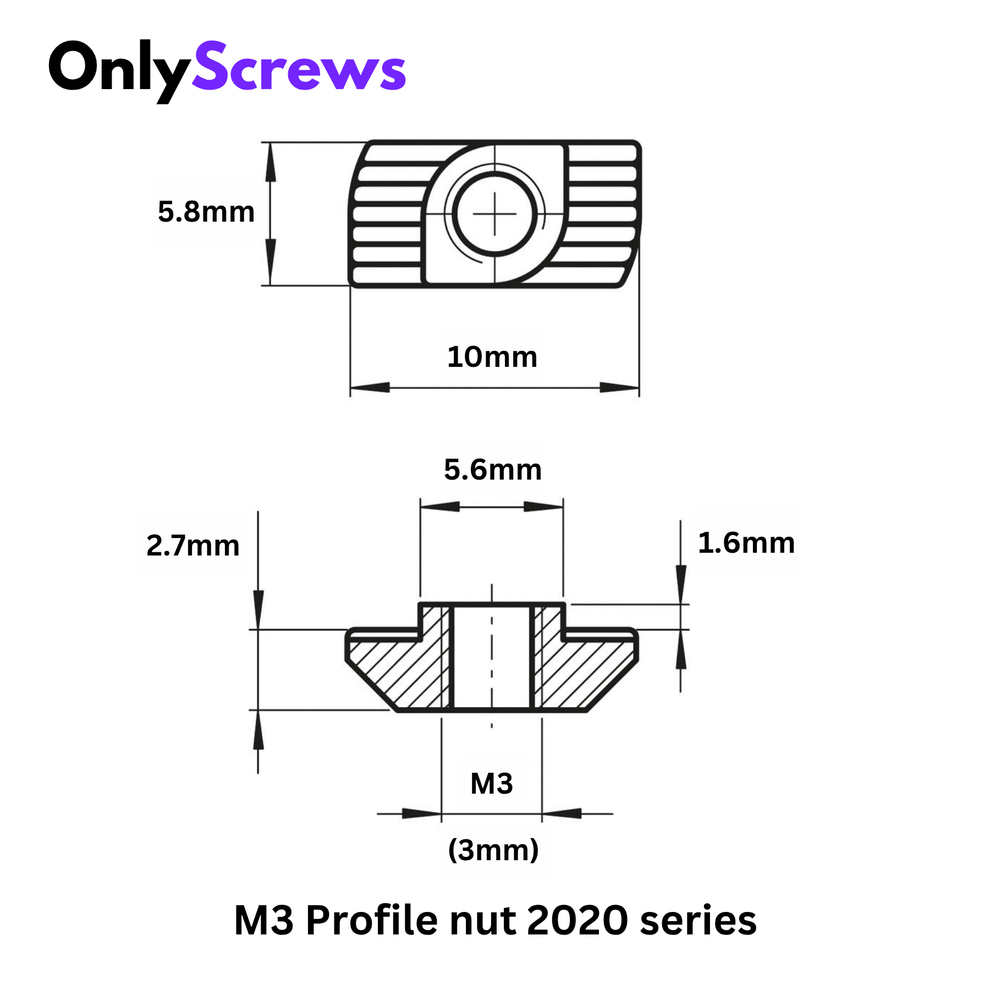 M3 Profile Nuts Mild Steel with Nickel plating for 2020 series (T Nut/ – OnlyScrews