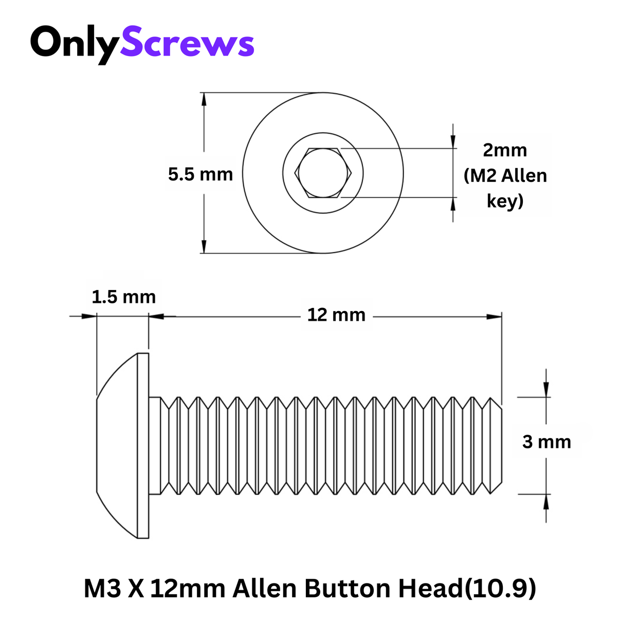 M3 X 12mm Hex (Allen) Button Head High Tensile(10.9) Black Oxide Screw ...