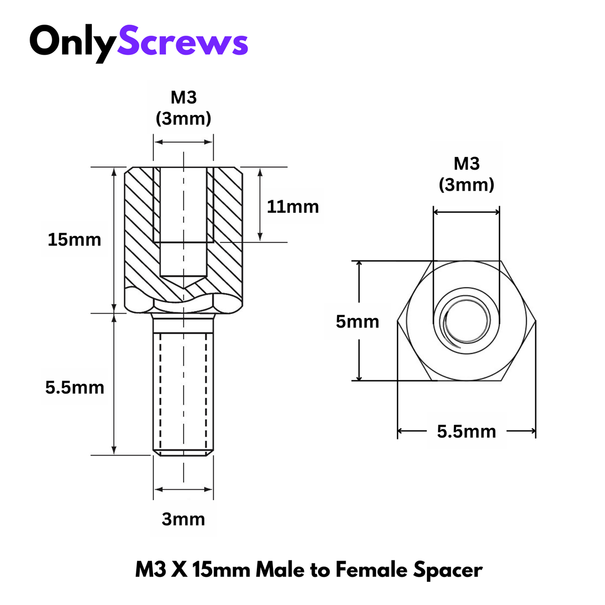 M3 X 15mm Male to Female Brass with Nickel plating Hex Threaded Stando – OnlyScrews
