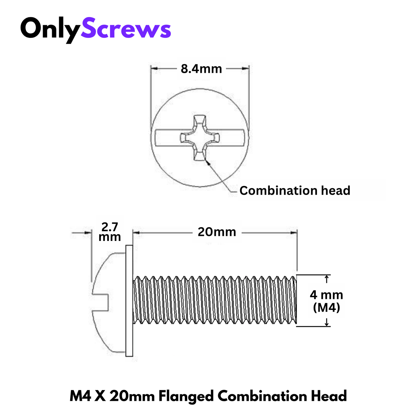 M4 X 20mm Flanged Combination head washer head SS 304 Screw (Dia. 4mm ...
