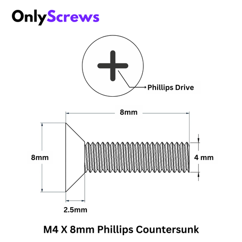 M4 X 8mm Phillips CSK SS 304 Screw (Dia. 4mm, Length 8mm) – OnlyScrews