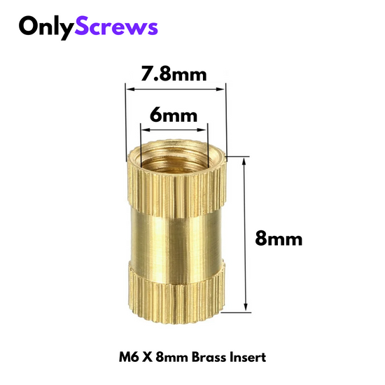 M6 X 8mm Brass Threaded Inserts (Dia. 6mm, Length 8mm) – OnlyScrews