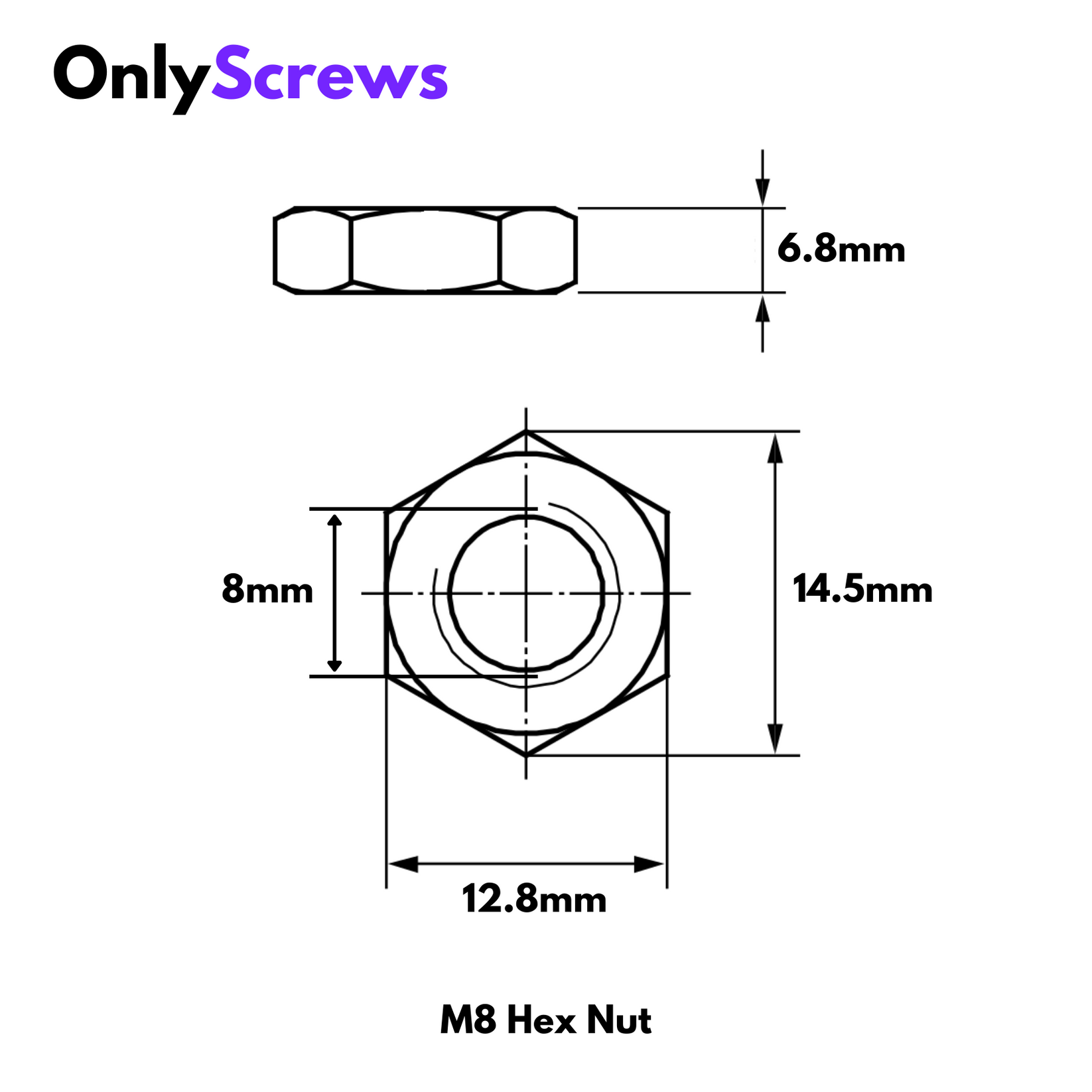 M8 Hex Nut SS304 (Dia. 8mm) – OnlyScrews