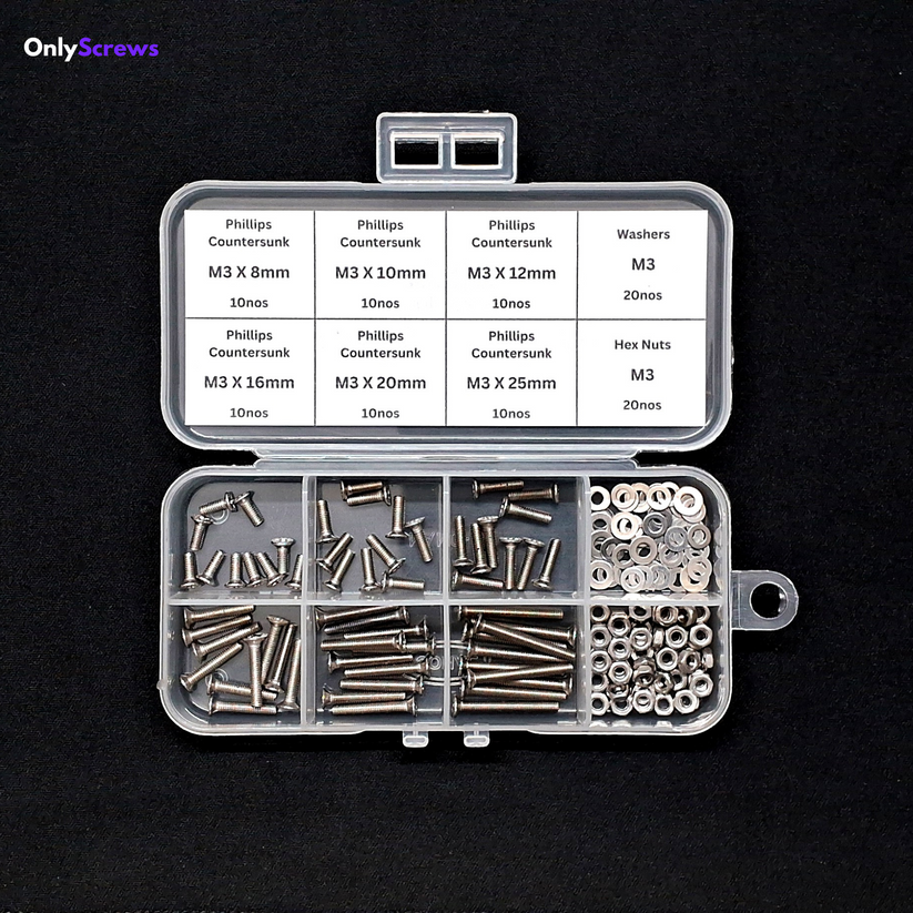 M3 Phillips Countersunk SS304 assorted box – OnlyScrews