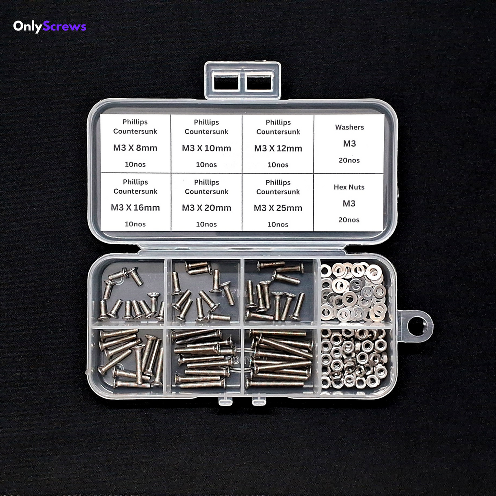 M3 Phillips Countersunk SS304 assorted box – OnlyScrews